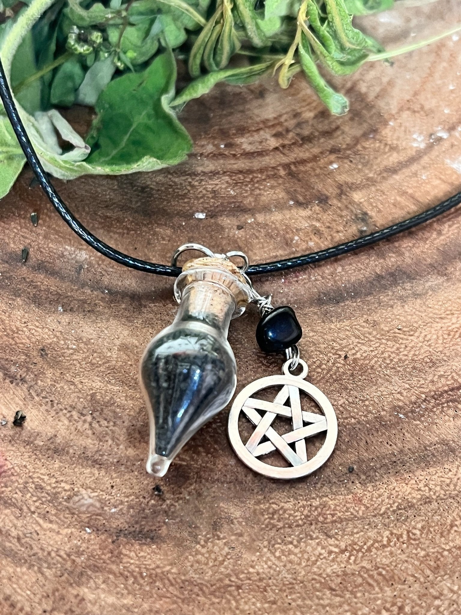 Witch Black Salt Bottle Spell Necklace | Protection Obsidian Crystal